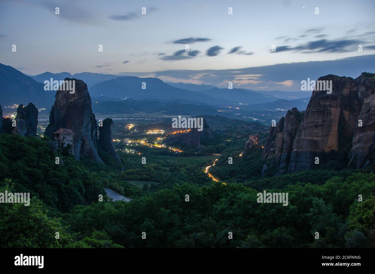 Meteora, panoramic landscape after sunset Stock Photo - Alamy