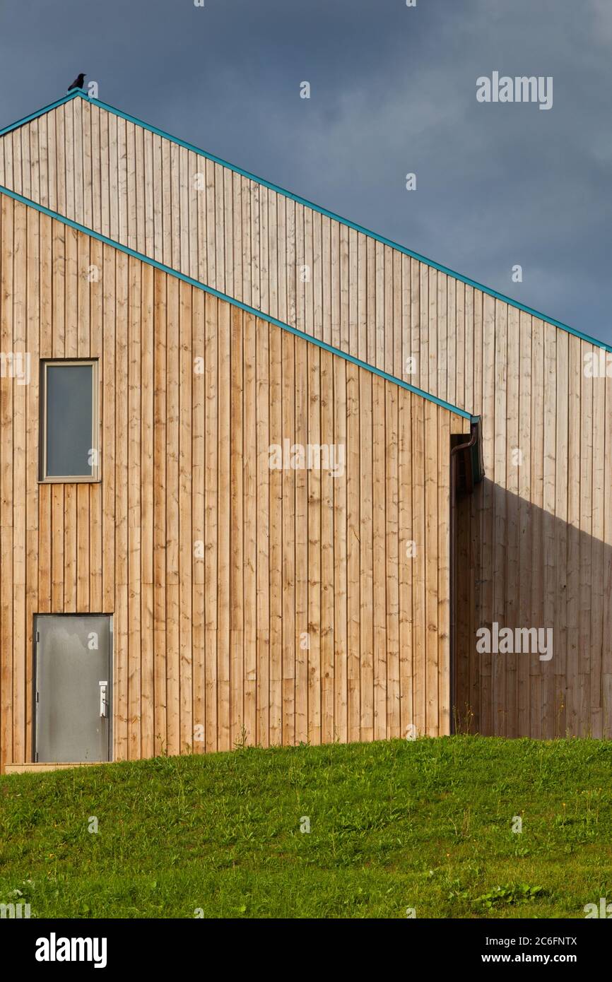 Abstract image of a building exterior clad in knotty Pine wooden strips ...