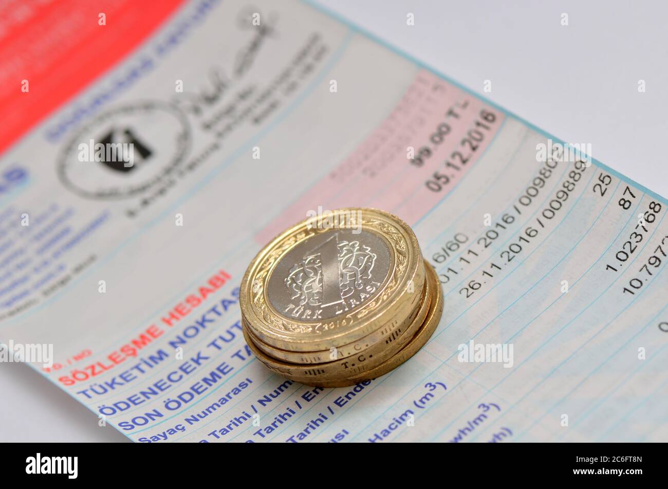 Turkish coins on the gas bill of istanbul Stock Photo - Alamy