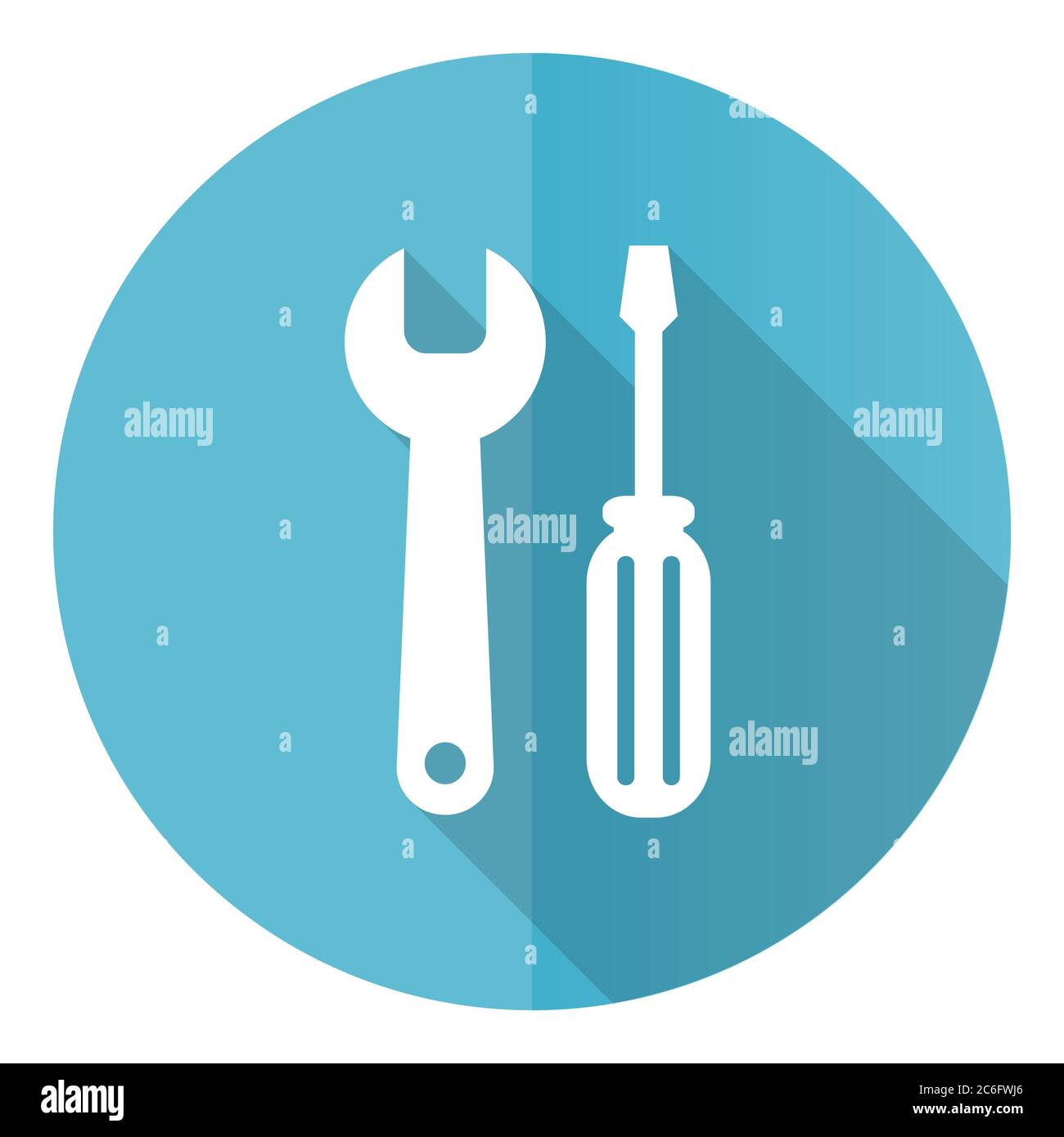 Tool vector icon, flat design blue round web button isolated on white ...