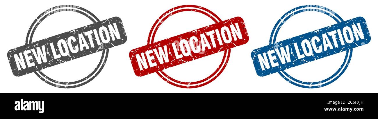 new location stamp. new location sign. new location label set Stock ...