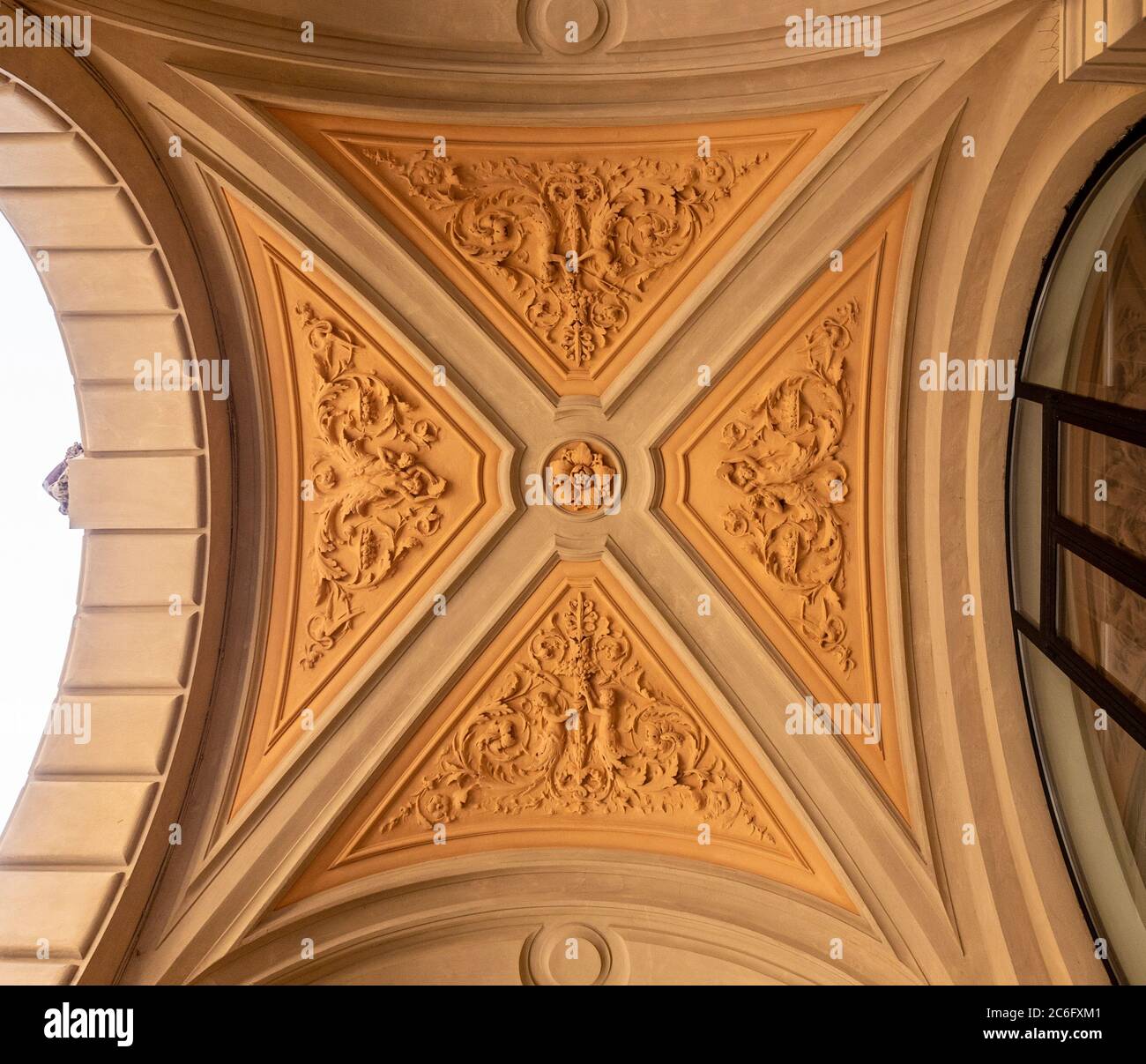 Ornate ceiling of the portico along Via Farini. Bologna, Italy Stock ...