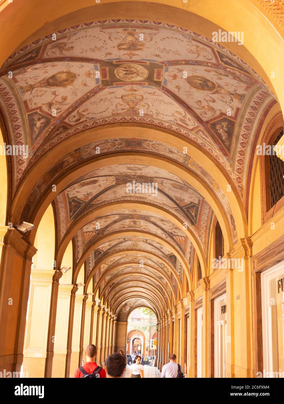 Ornately painted ceiling of a portico along Via Farini, Bologna, Italy ...