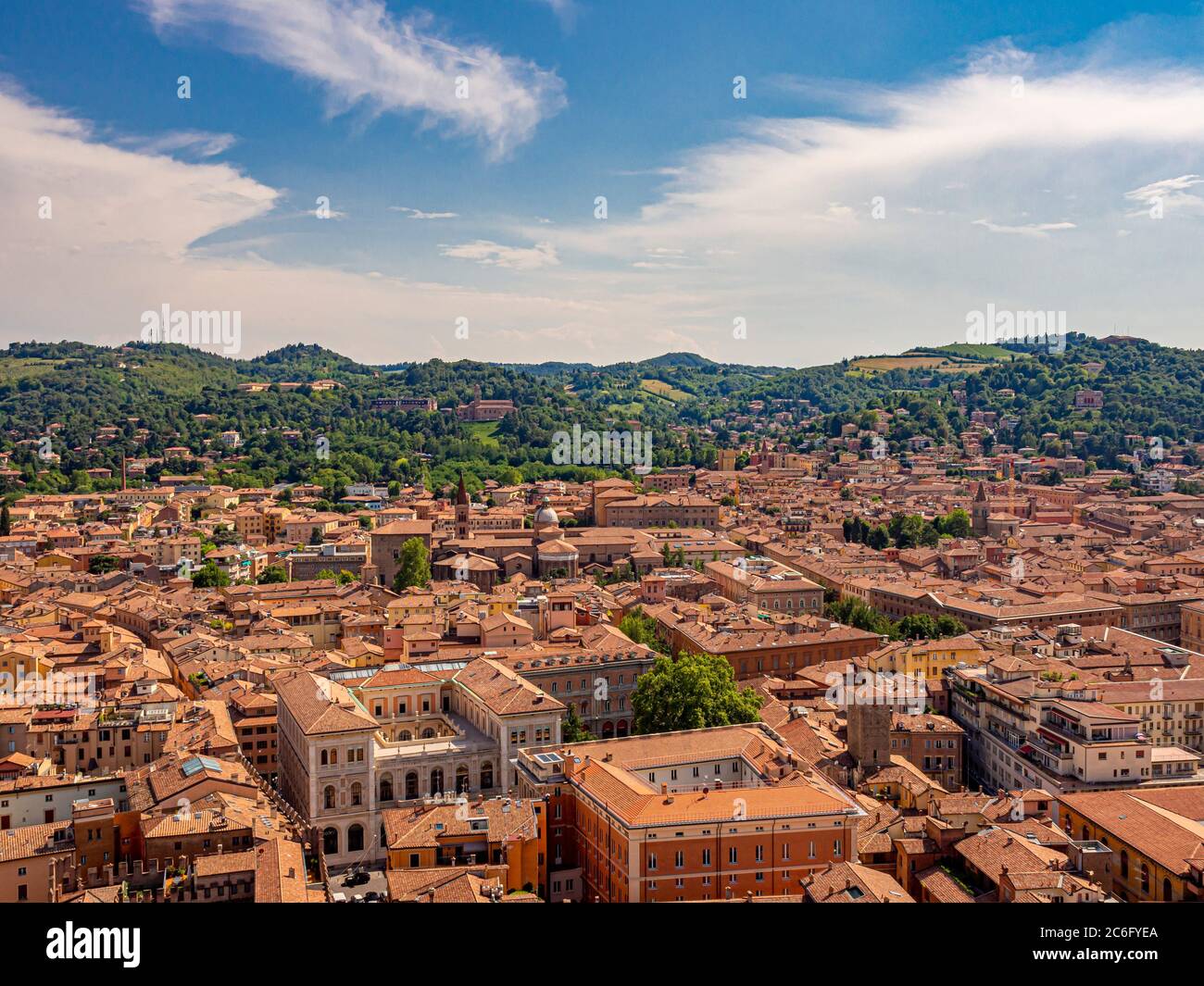 Aerial view of the city of Bologna and the surrounding landscape, Italy ...