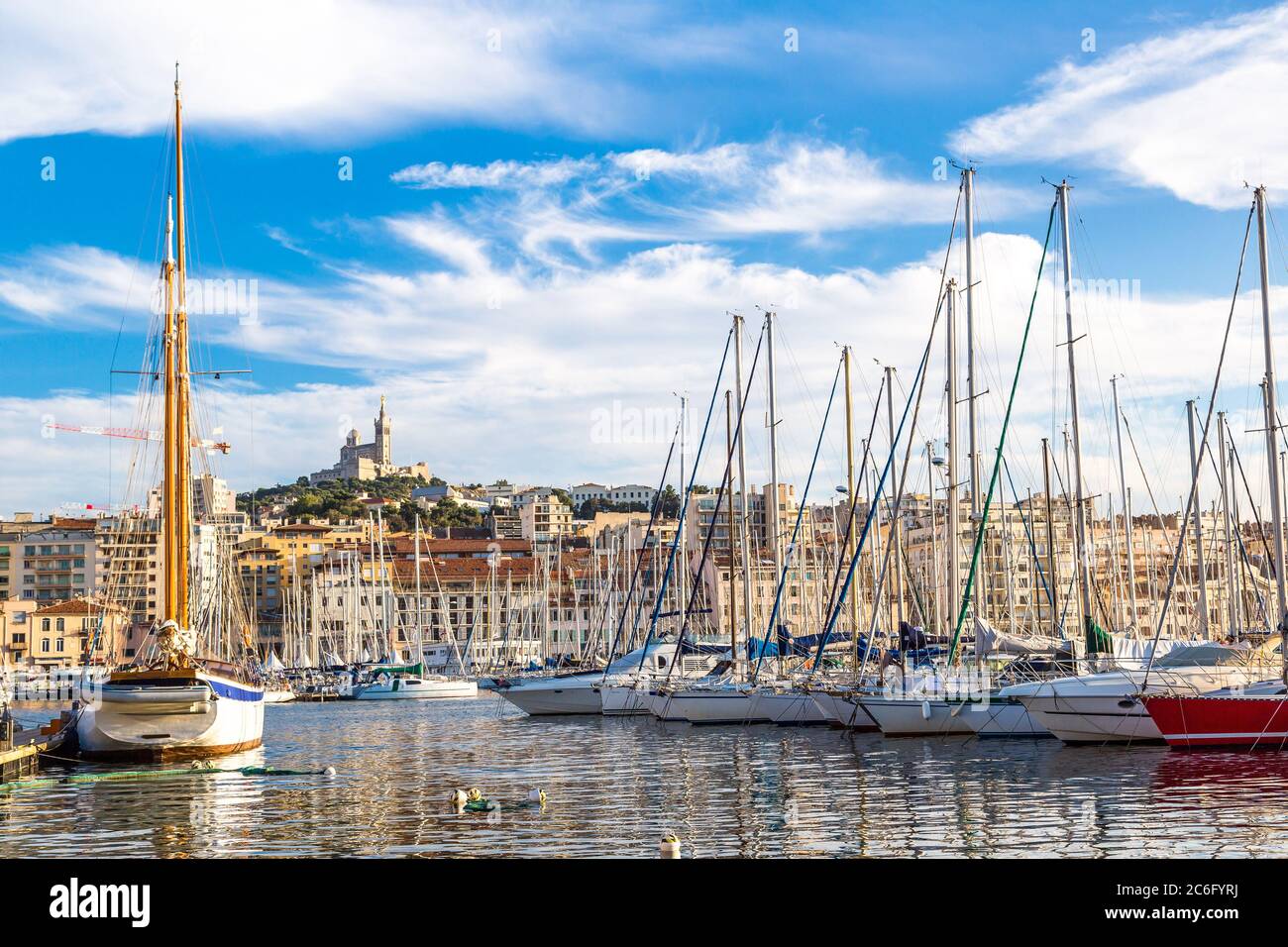 Aerial panoramic view on basilica of Notre Dame de la Garde and old ...
