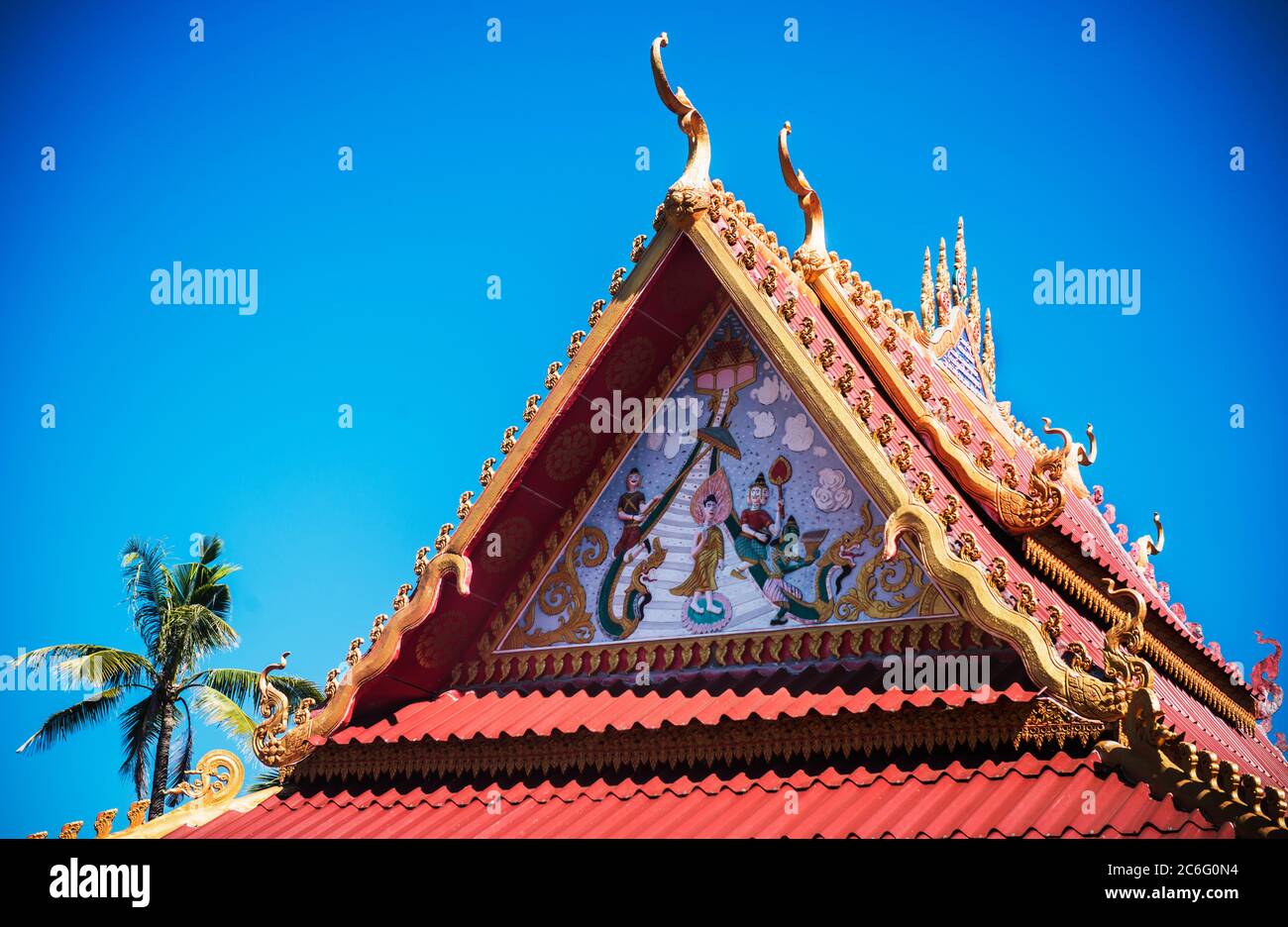 Architectural detail of Wat Khon Tai buddhist temple on Don Det, four ...