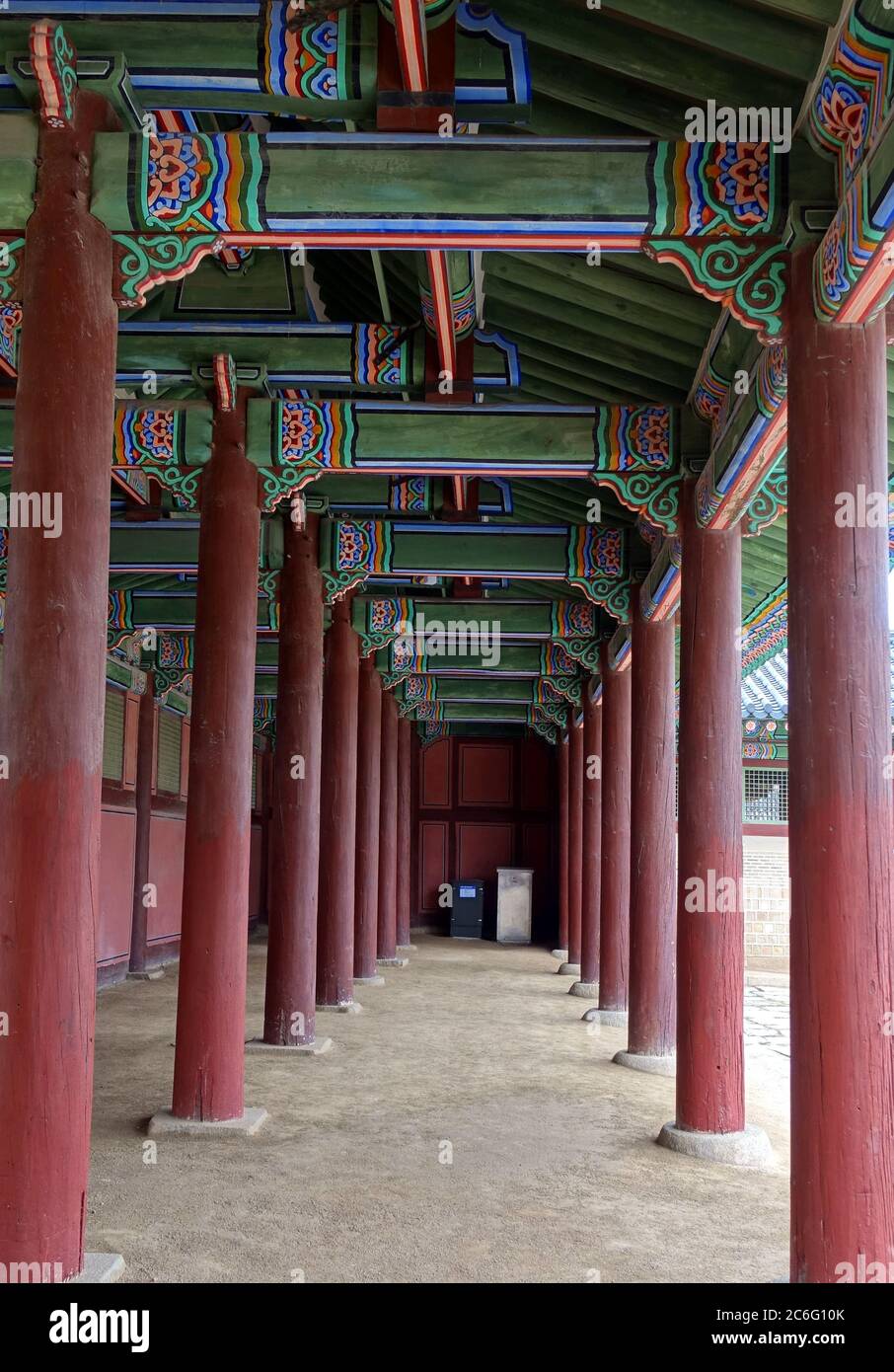 Ornate wooden walkway structure in South Korean Gyeongbokgung Palace ...