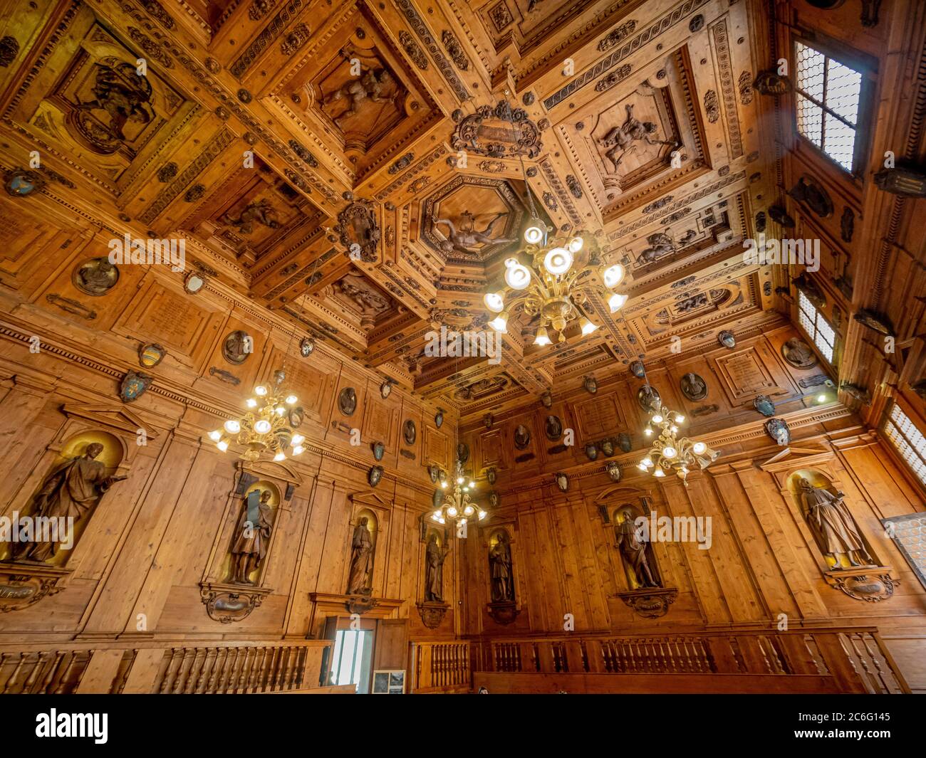The ornate wooden ceiling and walls of the Anatomical Theatre of the ...