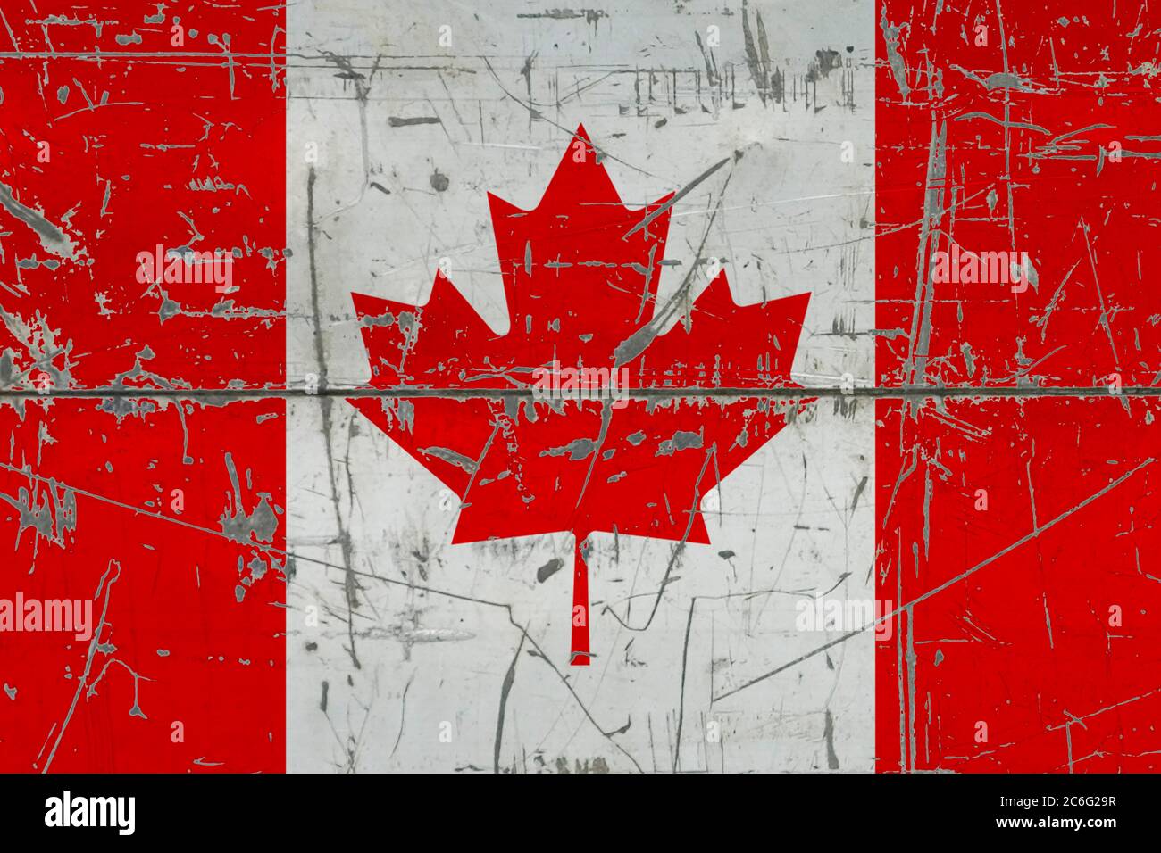 Canada flag painted on cracked dirty surface. National pattern on ...