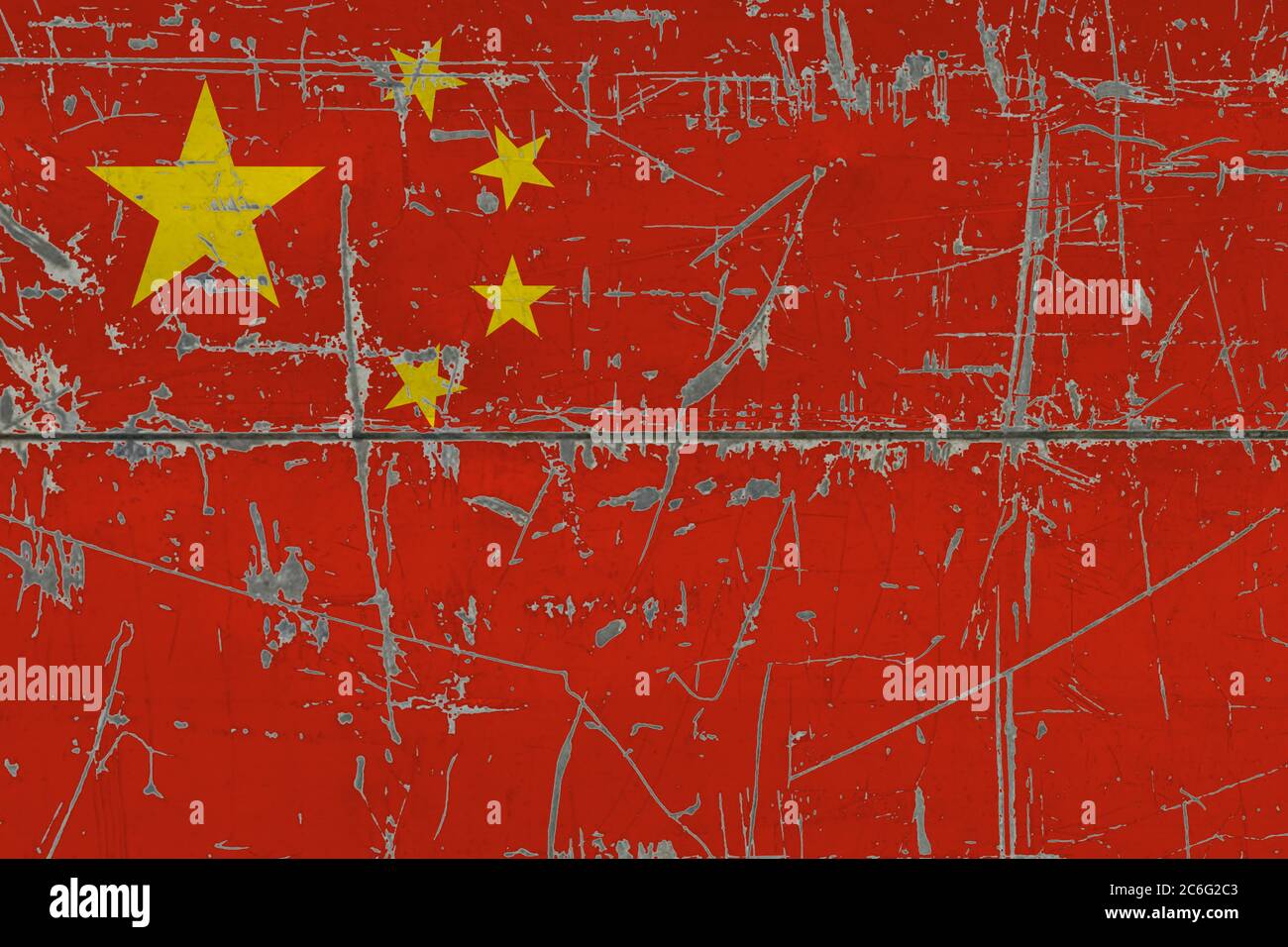 China flag painted on cracked dirty surface. National pattern on ...