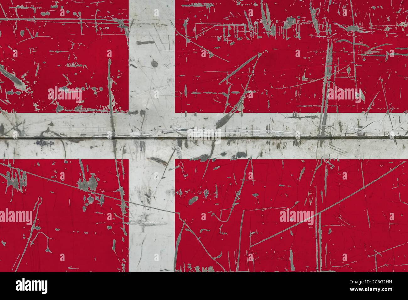 Denmark flag painted on cracked dirty surface. National pattern on ...