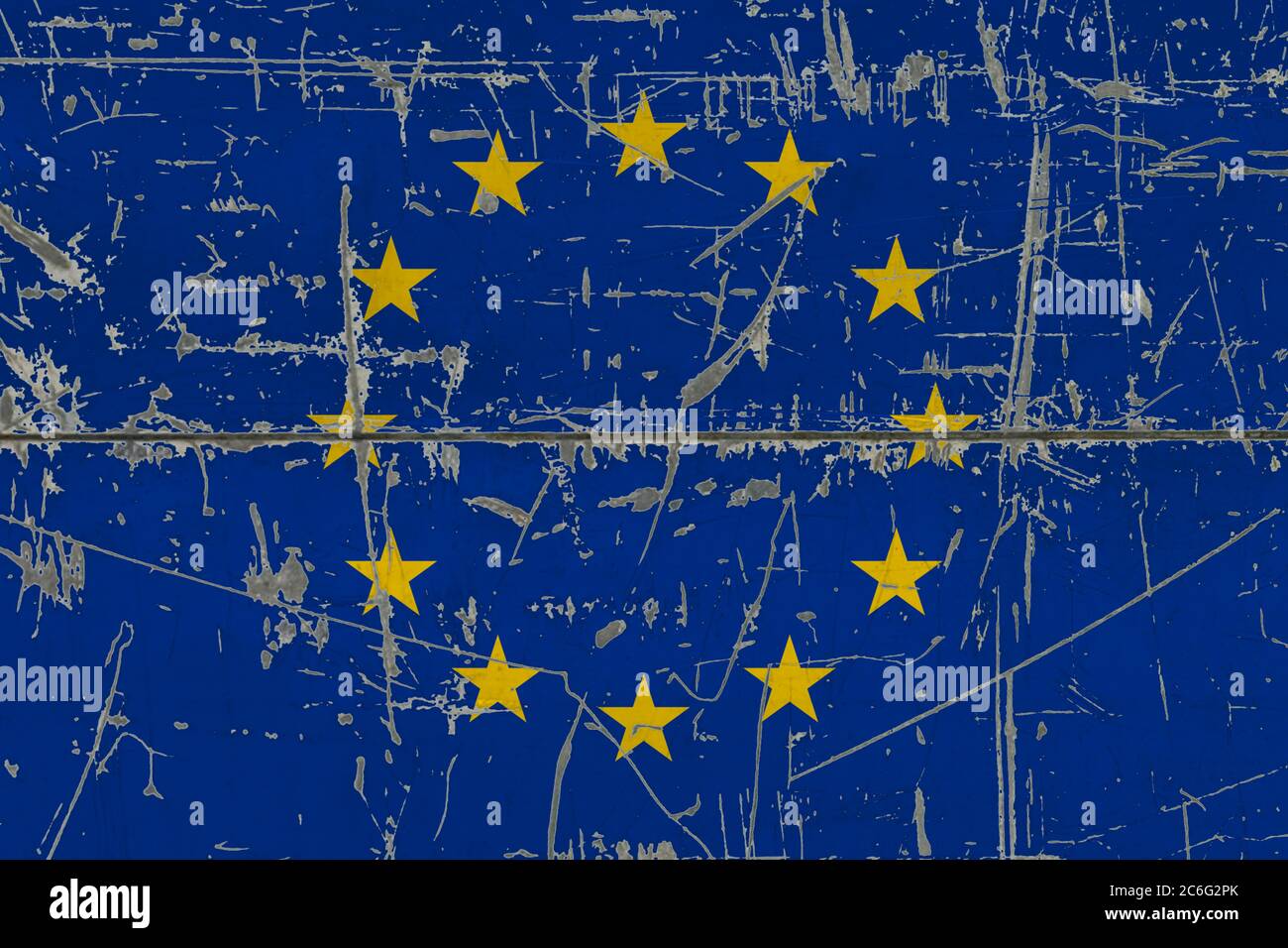 European Union flag painted on cracked dirty surface. National pattern ...