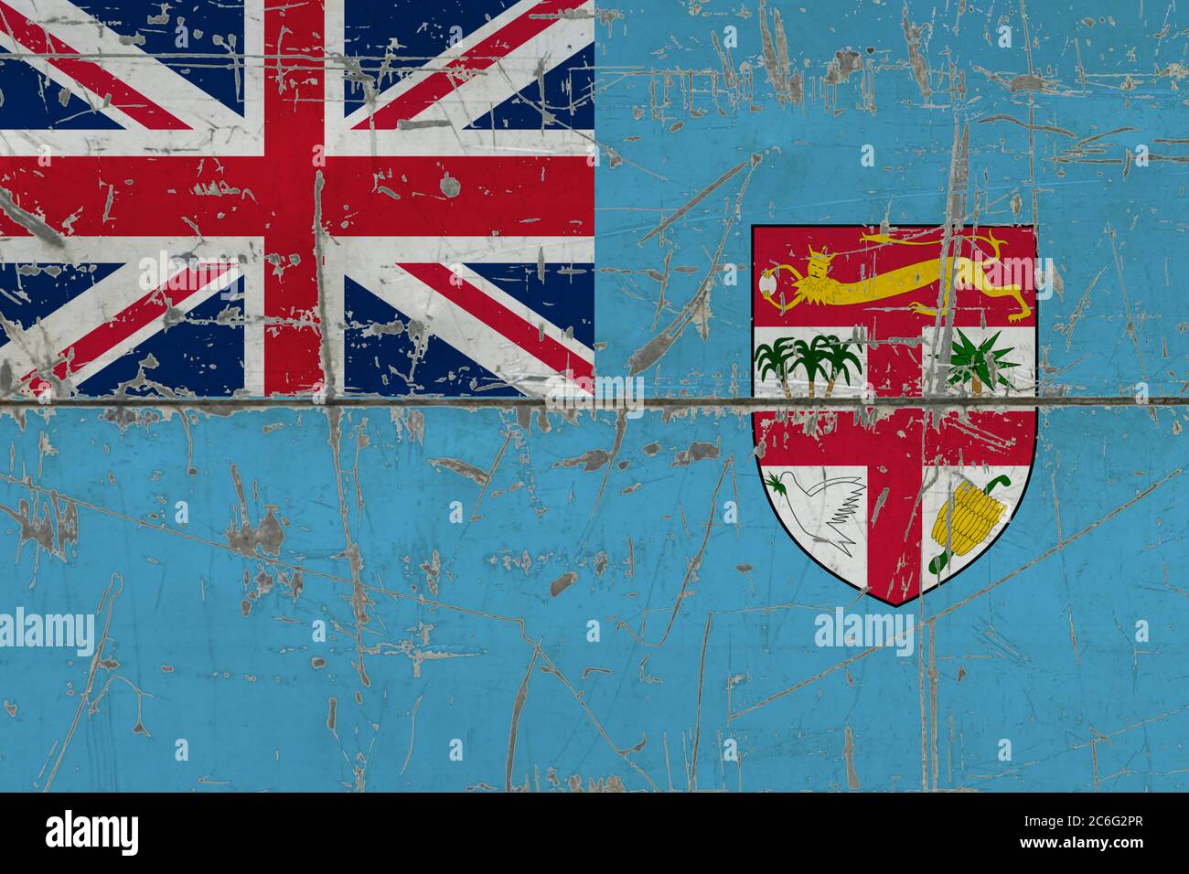 Fiji flag painted on cracked dirty surface. National pattern on vintage ...