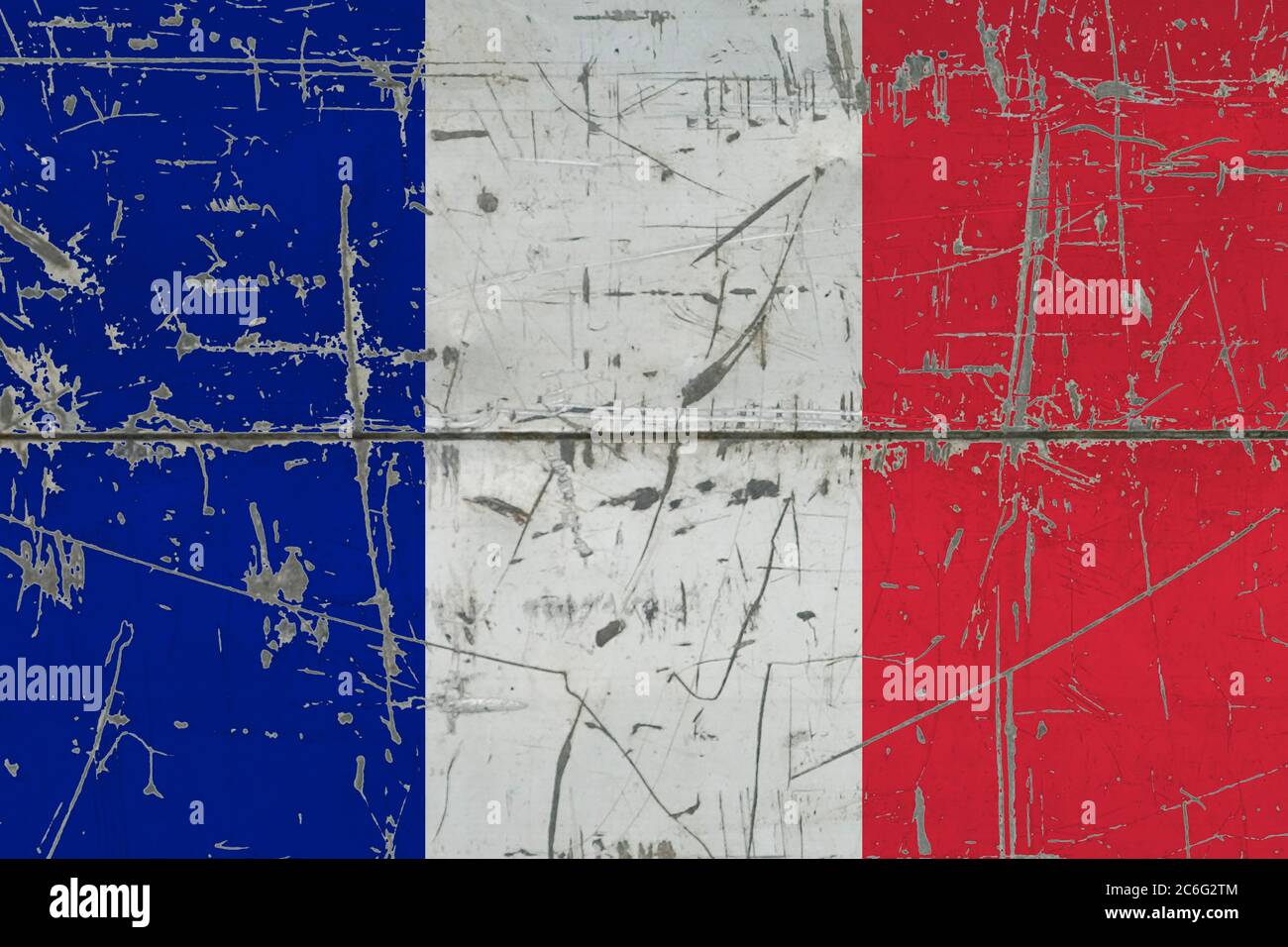 France flag painted on cracked dirty surface. National pattern on ...