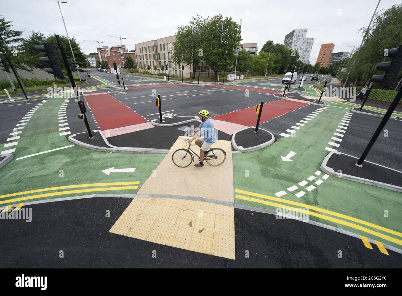 Manchester, Britain. 9th July, 2020. A cyclist rides a bicycle on the ...
