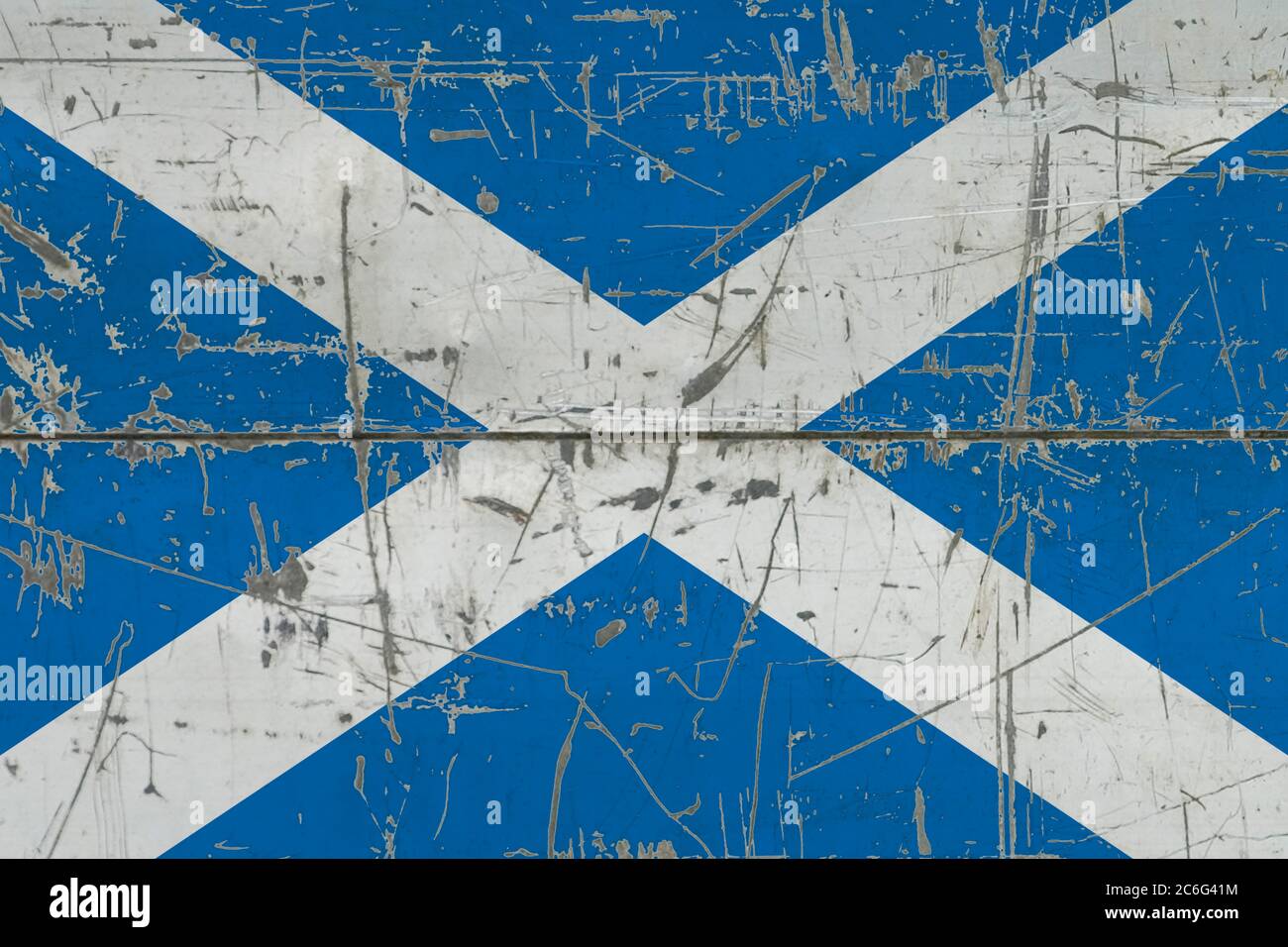 Scotland flag painted on cracked dirty surface. National pattern on ...