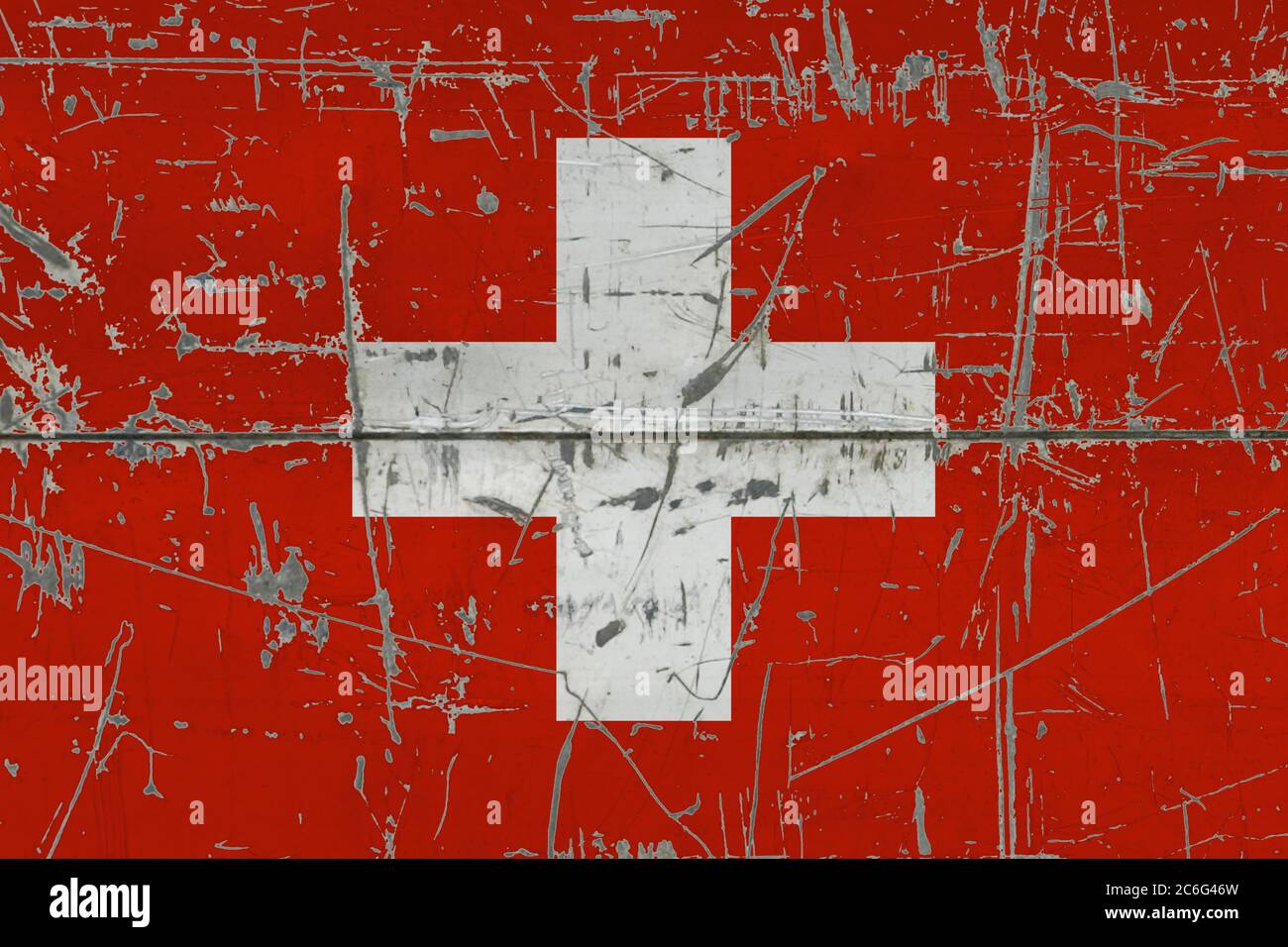 Switzerland flag painted on cracked dirty surface. National pattern on ...