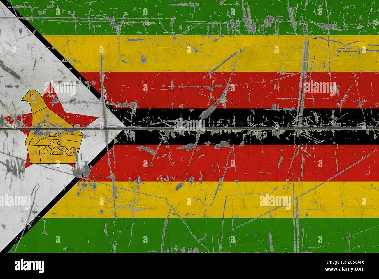 Zimbabwe flag painted on cracked dirty surface. National pattern on ...