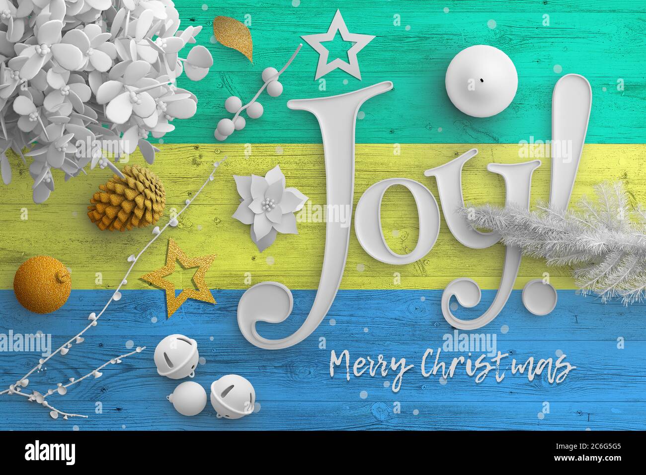 Gabon flag on wooden table with joy text. Christmas and new year ...