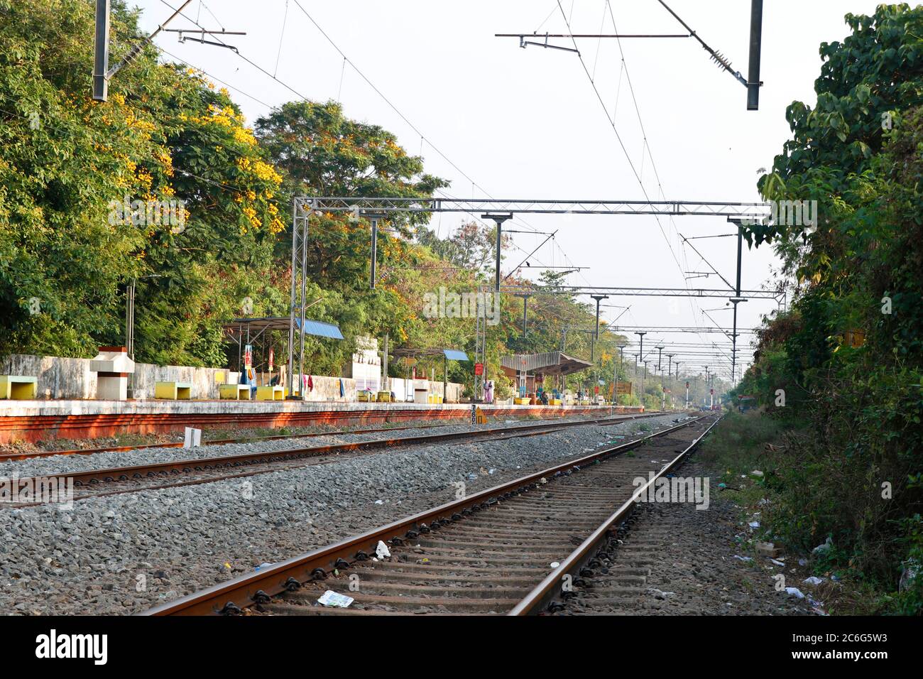 Landscape of railroad tracks in India cutting across rural countryside ...