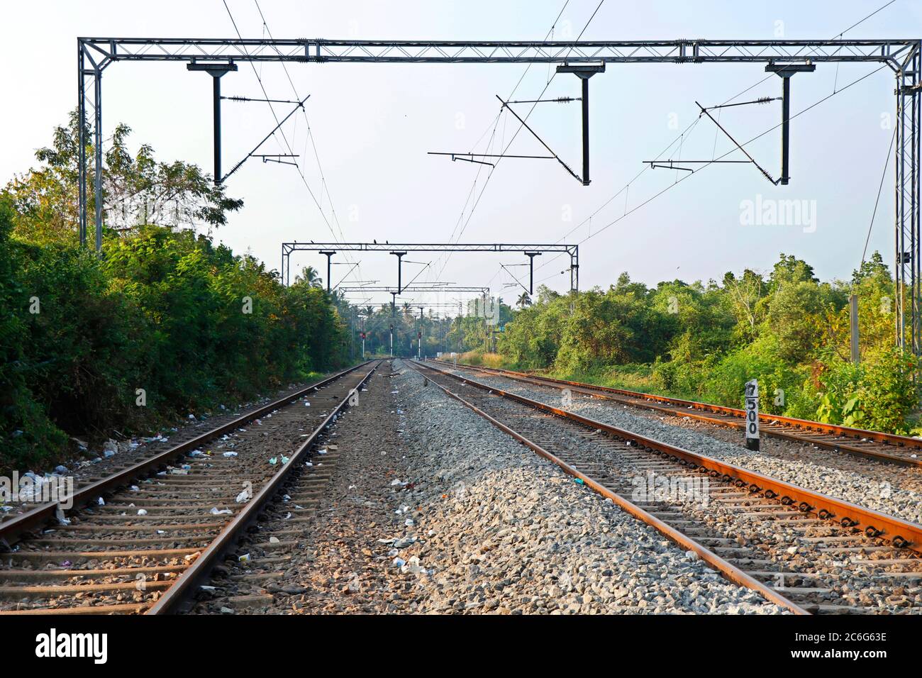 Landscape of railroad tracks in India cutting across rural countryside ...