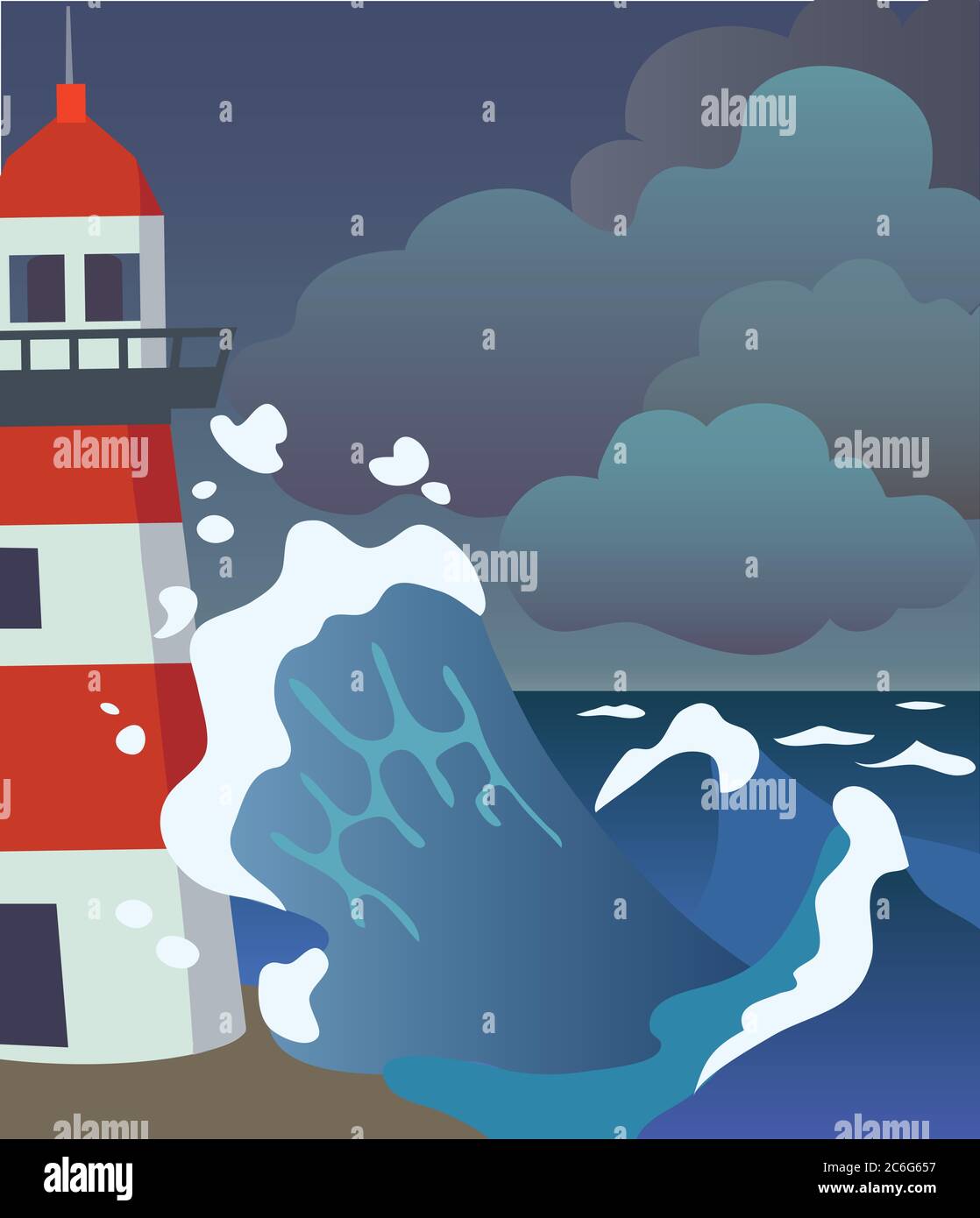 Sea storm. Vector illustration with lighthouse, clouds, and waves Stock ...