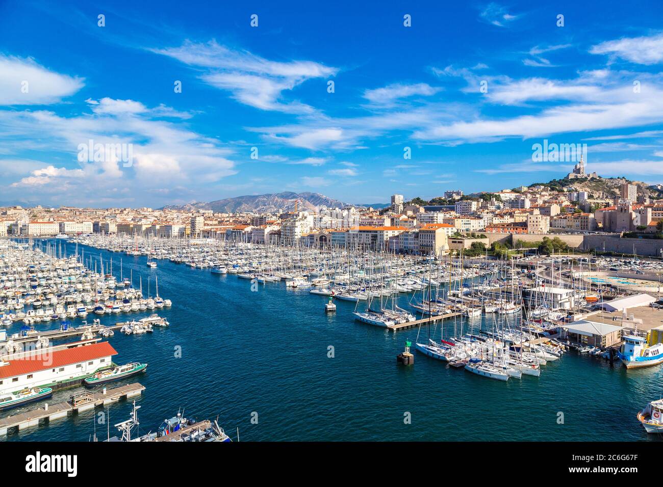 Aerial panoramic view on basilica of Notre Dame de la Garde and old ...