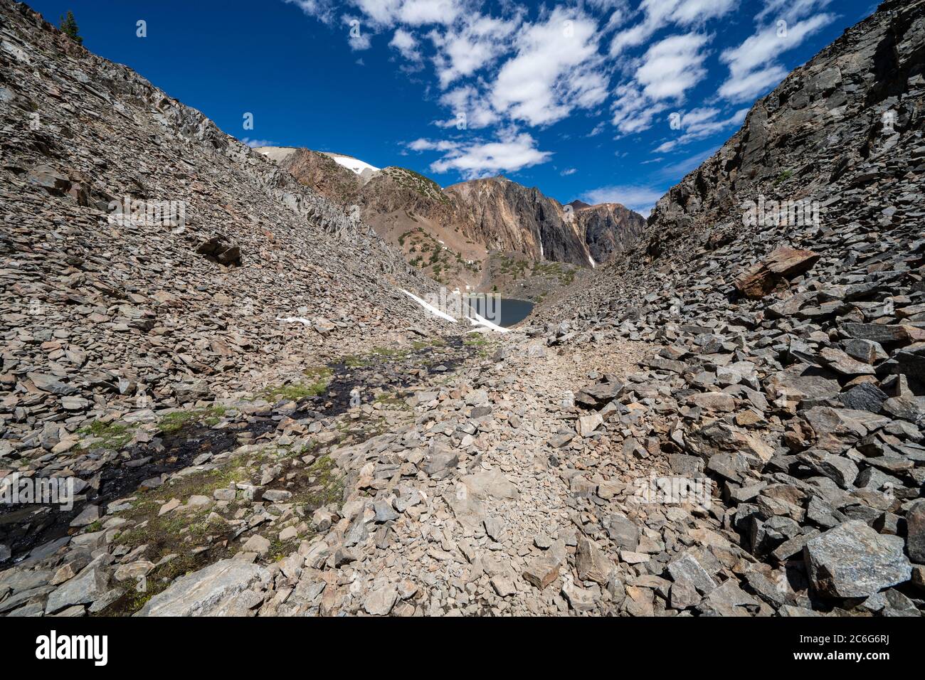 Dangerous trail of loose scree and talus along the 20 Lakes Basin trail ...