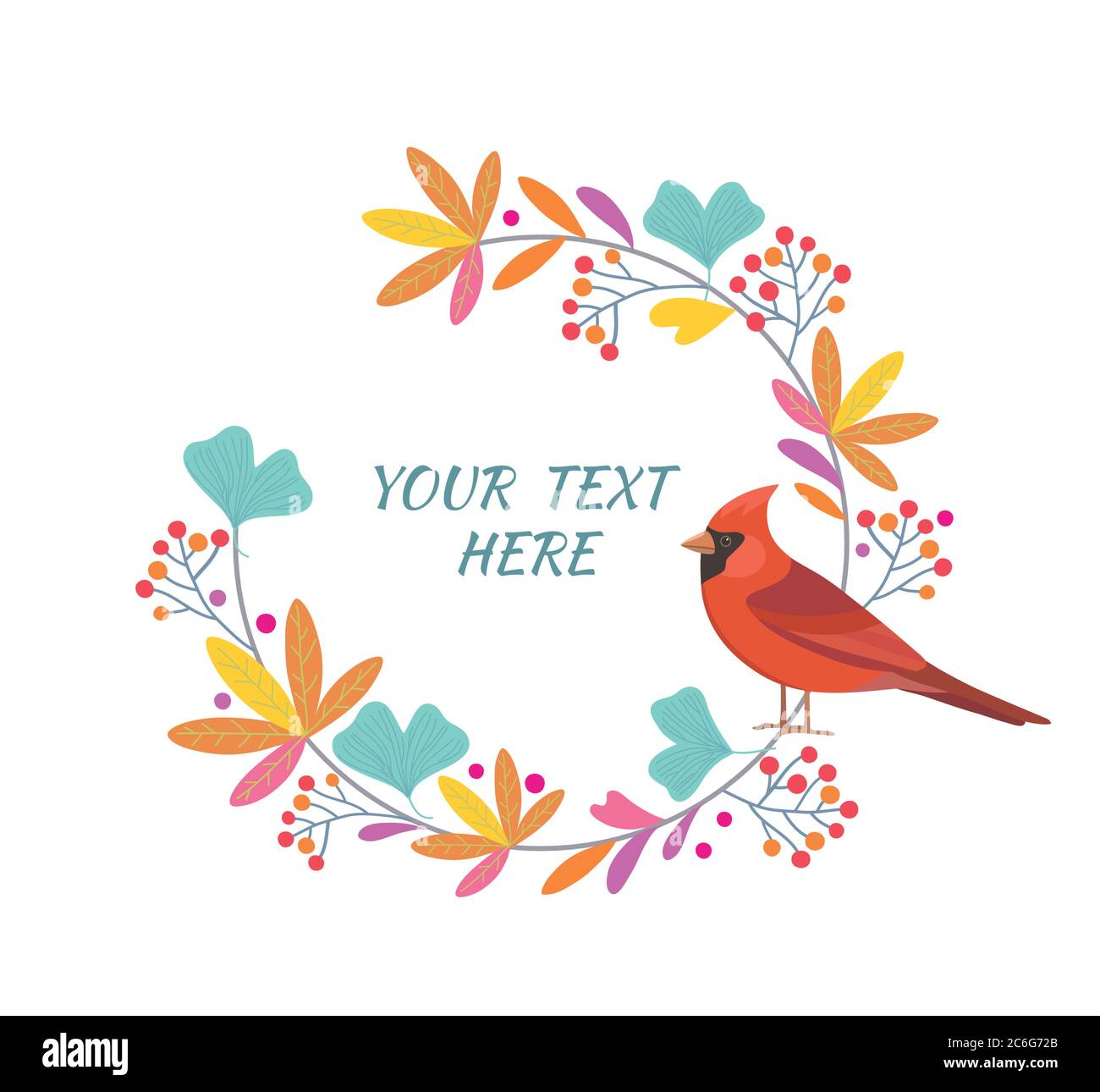 Original art frame with cute red cardinal bird and berries with ginkgo ...