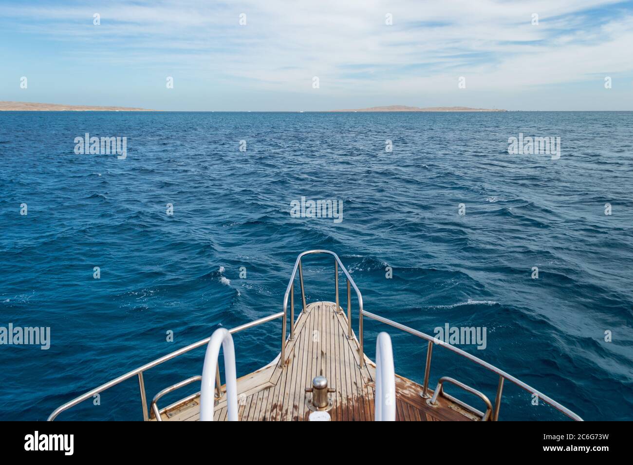 View from yacht bow to sea horizon. Blue waves of Red sea. Way to ...