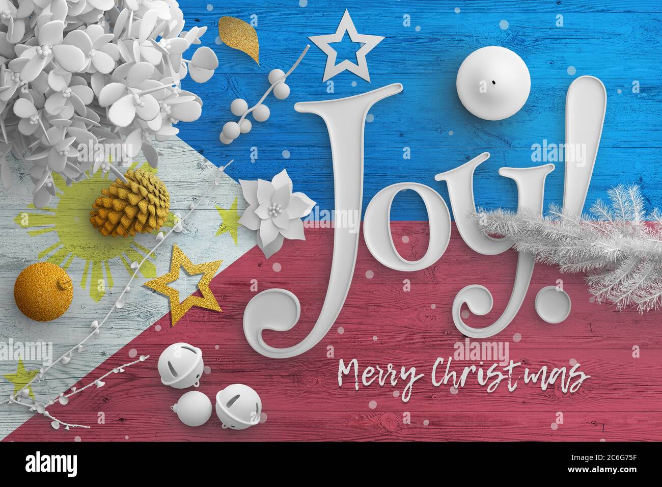 Philippines flag on wooden table with joy text. Christmas and new year ...