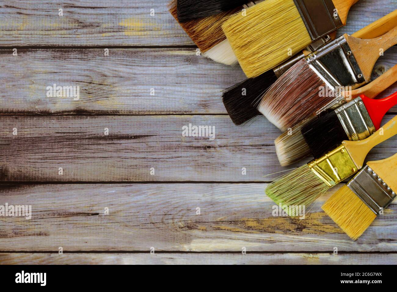 Various paint brush decorating supplies painting house renovation on ...