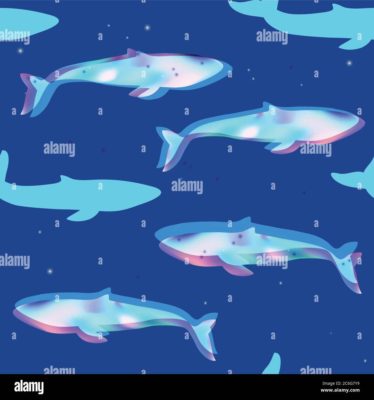Seamless pattern with flying whale and stars. Blue night space galaxy ...