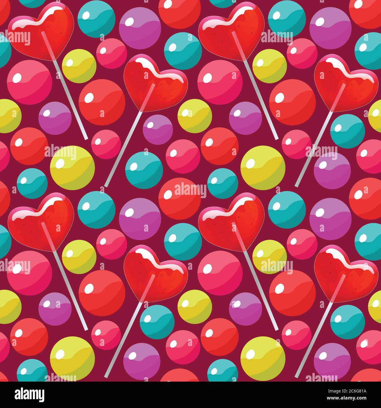 Seamless pattern with candy balls and heart shaped lollipops Colorful ...