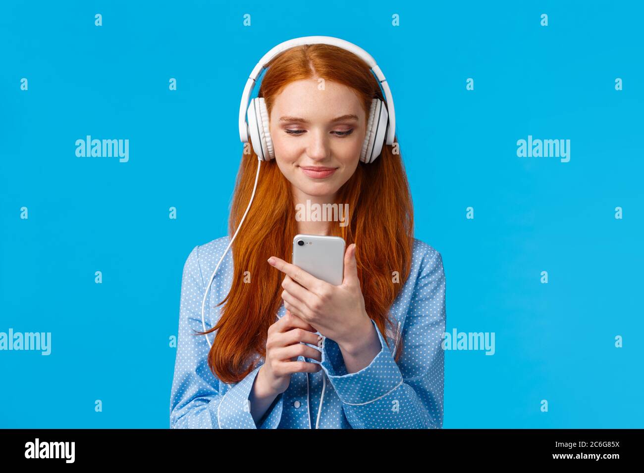 Waist-up portrait good-looking foxy teenage college girl in headphones ...