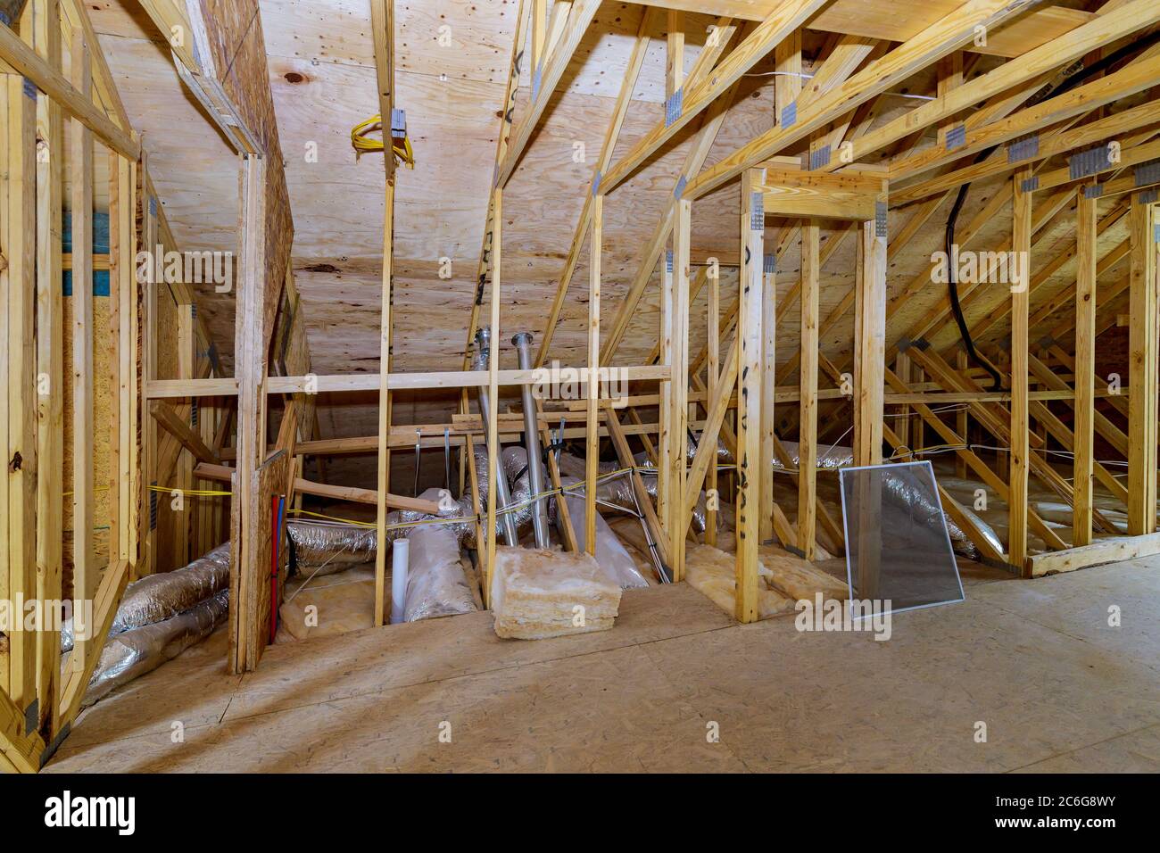 Wooden frame ceiling material beam of house attic under construction ...