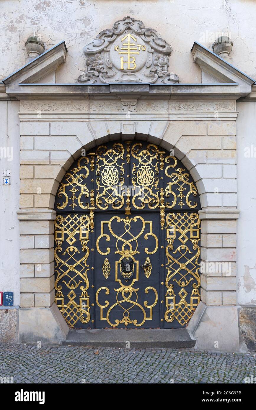 Old decorated wrought iron gate at the meat market hi-res stock ...