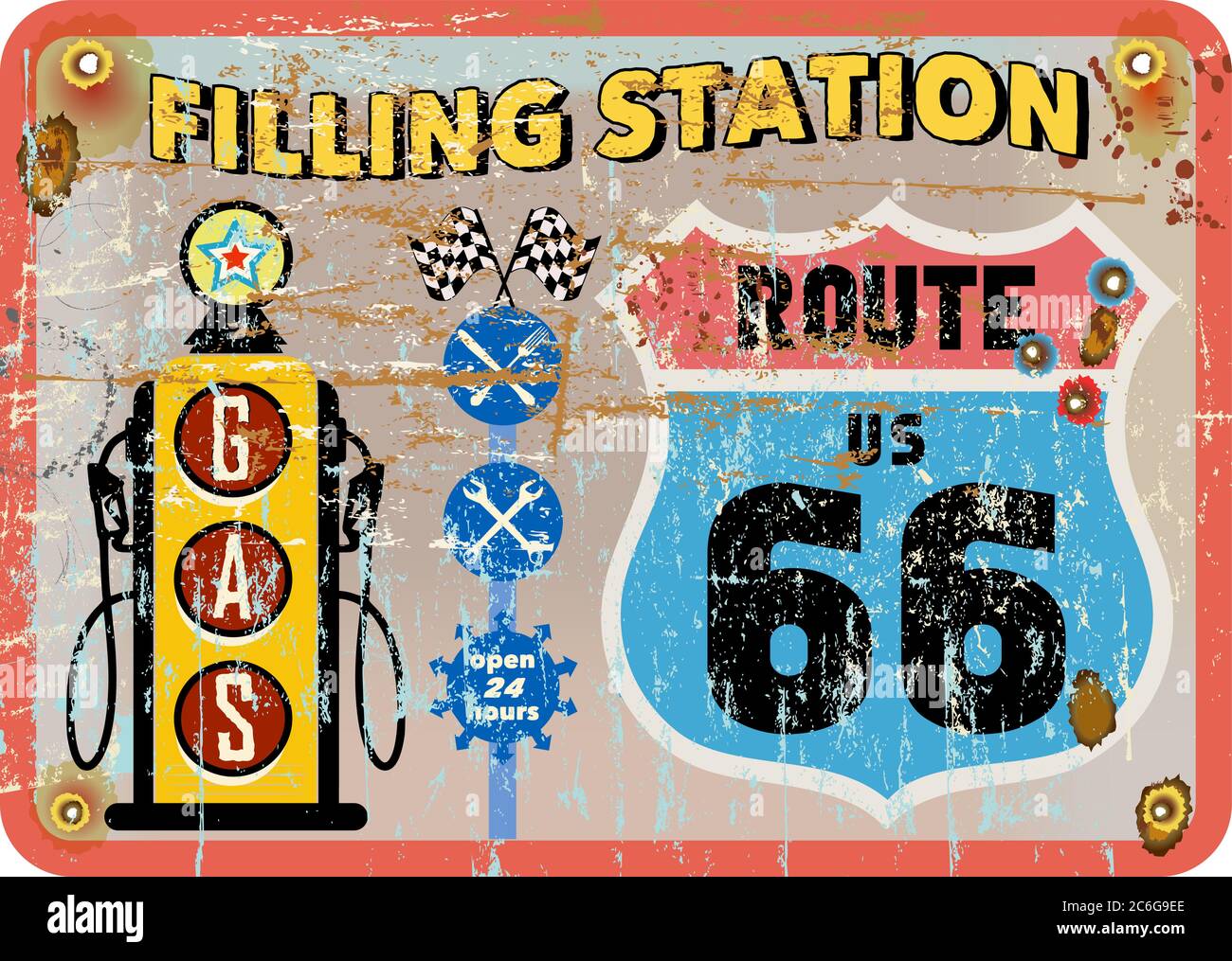vintage route 66 gas sation sign, retro style vector illustration ...