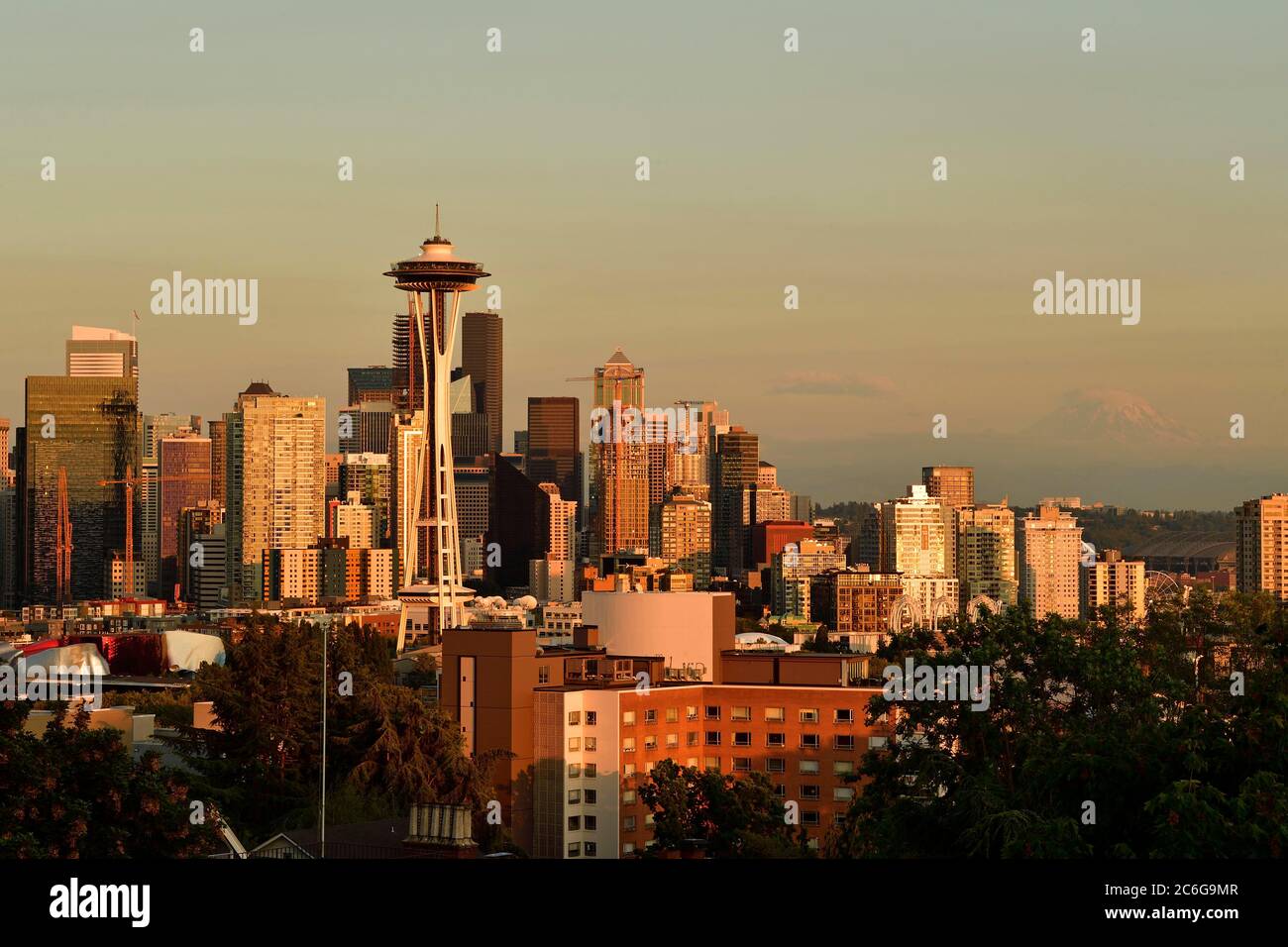 Evening shot Skyline Financial District Seattle with Space Needle ...