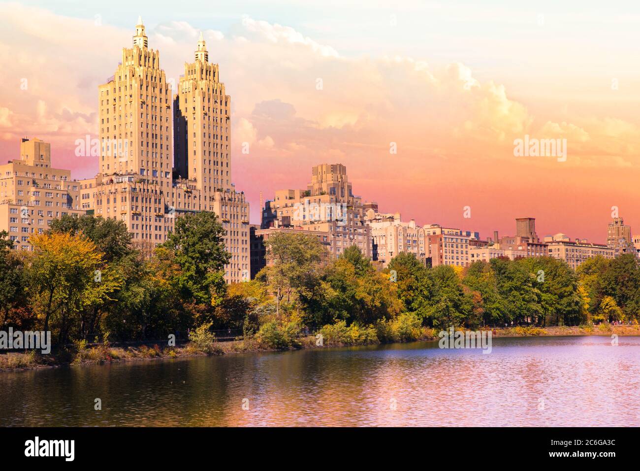 Beautiful sunset view from Central Park with historic architecture and ...