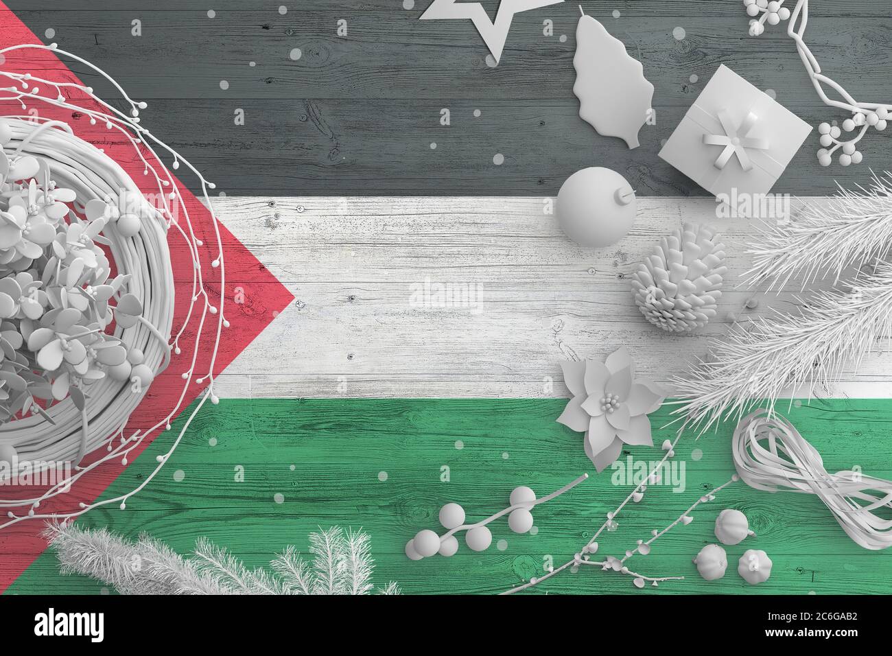 Palestine flag on wooden table with snow objects. Christmas and new ...