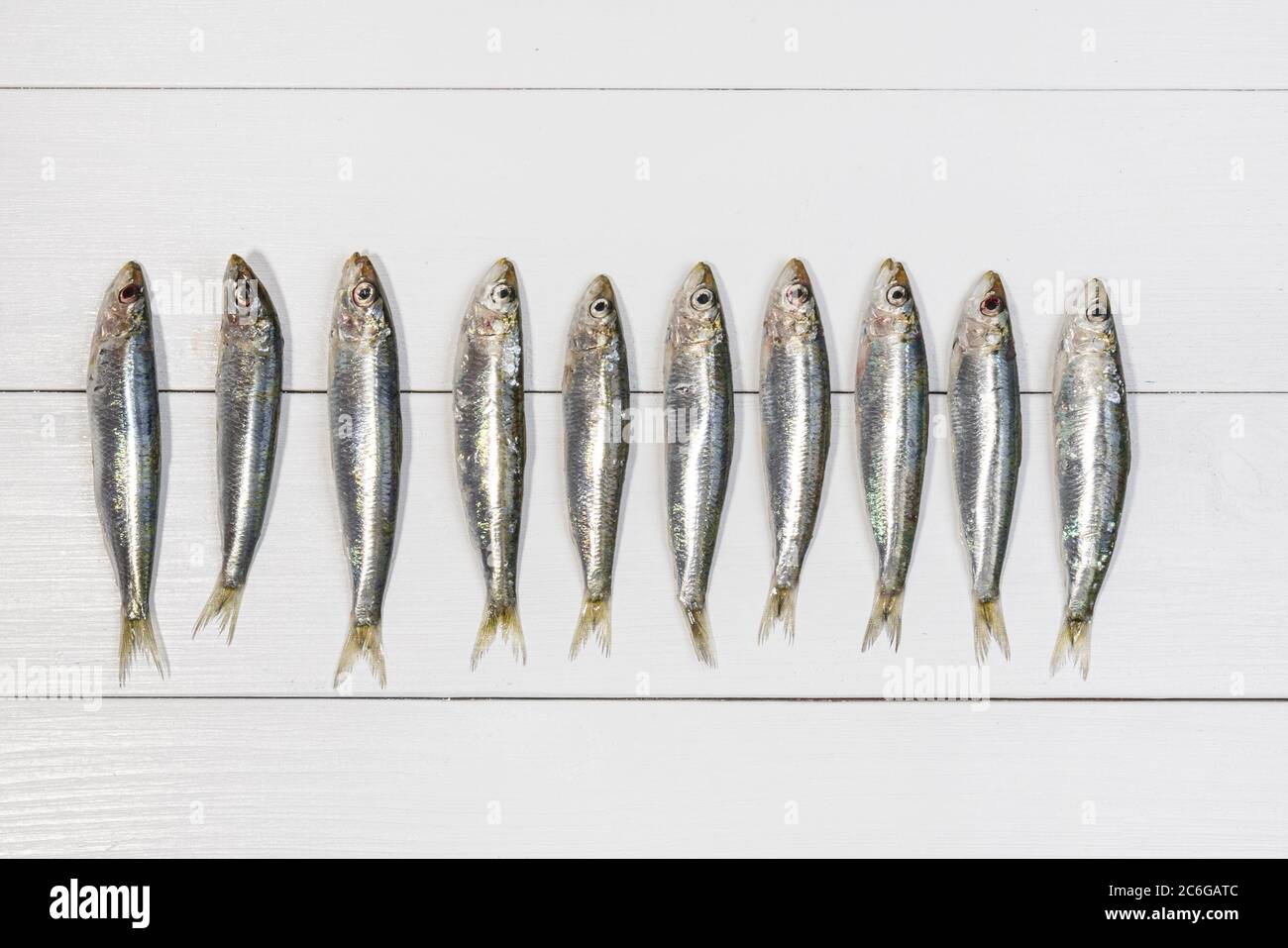some sardines arranged on a white wooden table Stock Photo - Alamy