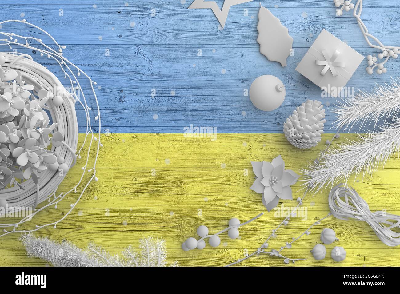 Ukraine flag on wooden table with snow objects. Christmas and new year ...