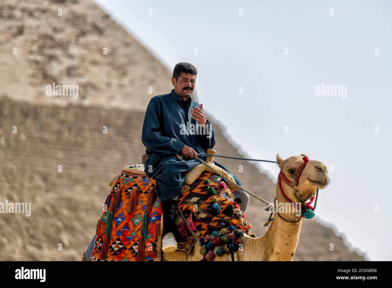 Camel rider sitting on his camel in front of the great Pyramid at Giza ...