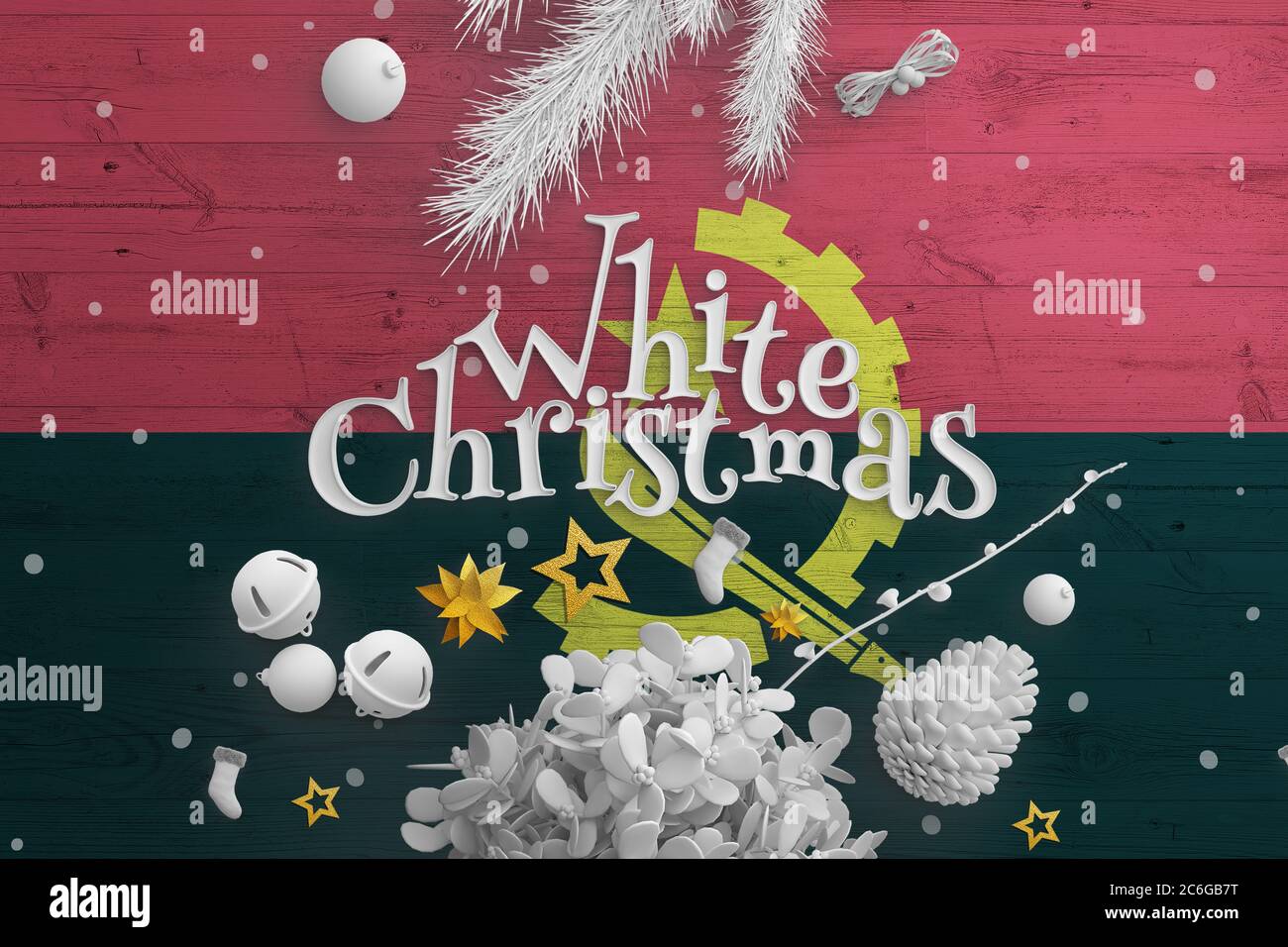 Angola flag on wooden table with White Christmas text. Christmas and ...