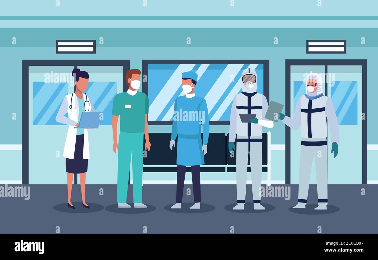 group of doctors staff wearing medical mask in the hospital corridor ...