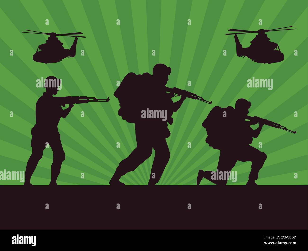 military soldiers with guns and helicopters silhouettes in green ...