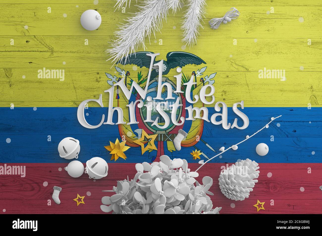 Ecuador flag on wooden table with White Christmas text. Christmas and ...