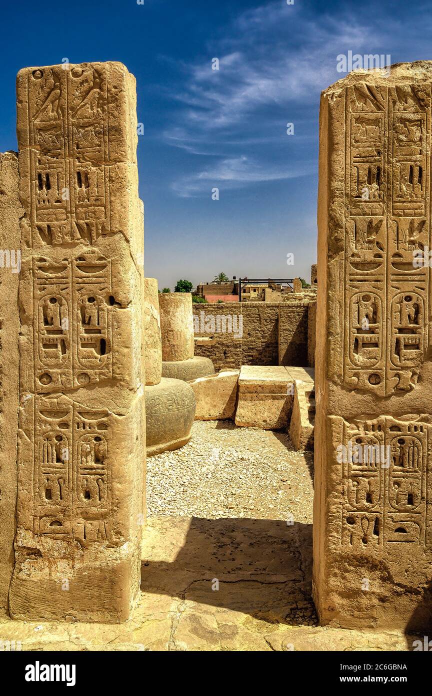 Hieroglyphics on two pillars in the Harem area of the Royal Palace at ...