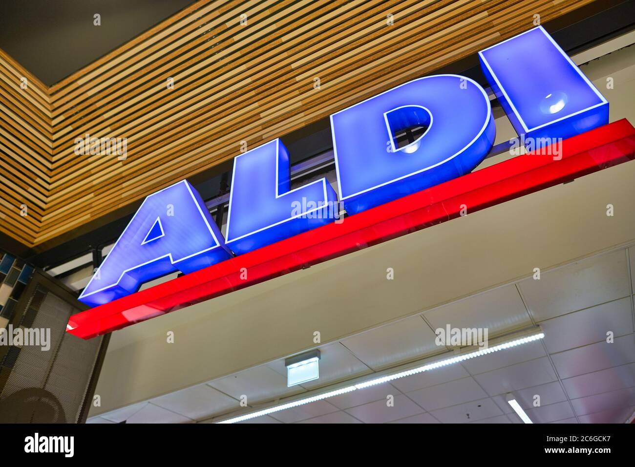 BERLIN, GERMANY - CIRCA SEPTEMBER, 2019: close up shot of Aldi sign ...